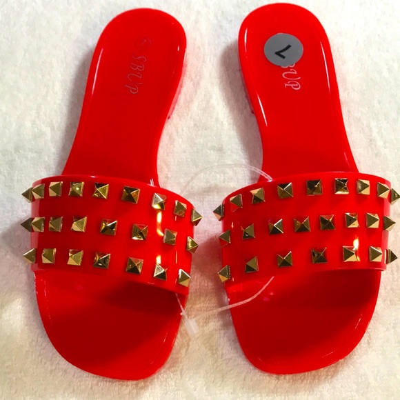 SBUP | Shoes | Nwot Sbup Red With Gold Studs Slip On Jelly Sandals Size ...